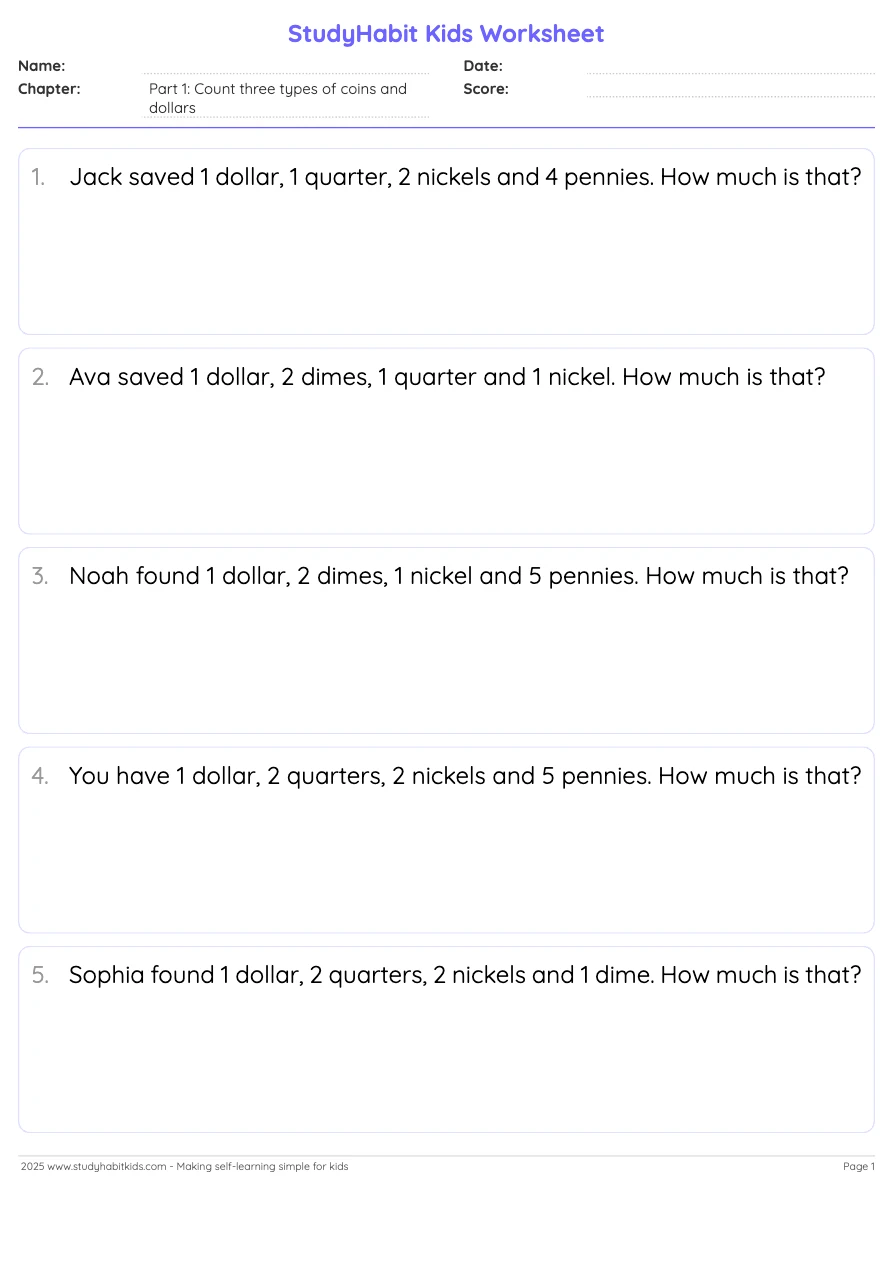 Second Grade Money Count quarter, dime, nickel, penny and dollar ...