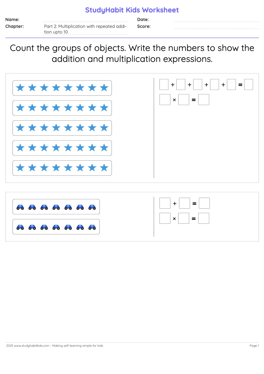 Second Grade Multiplication Multiply using repeated addition upto 10 ...