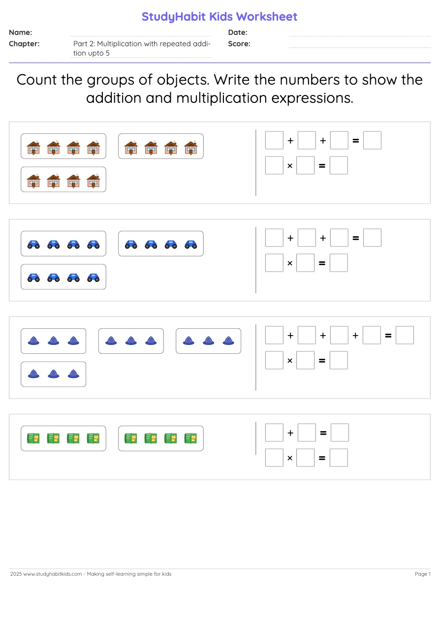 Second Grade Multiplication Multiply using repeated addition upto 5 ...