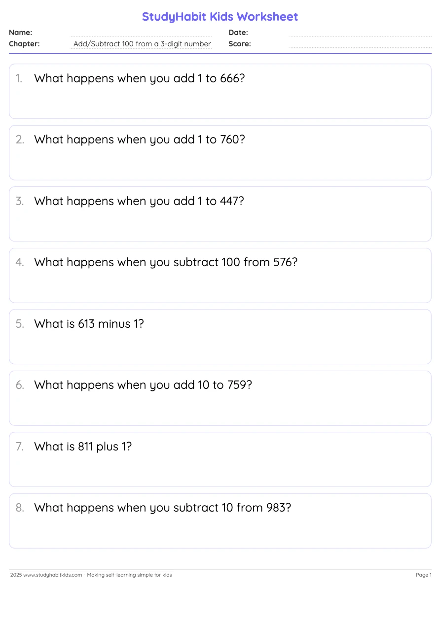 Second Grade Place Value Add/Subtract 100 to/from a 3-digit number ...
