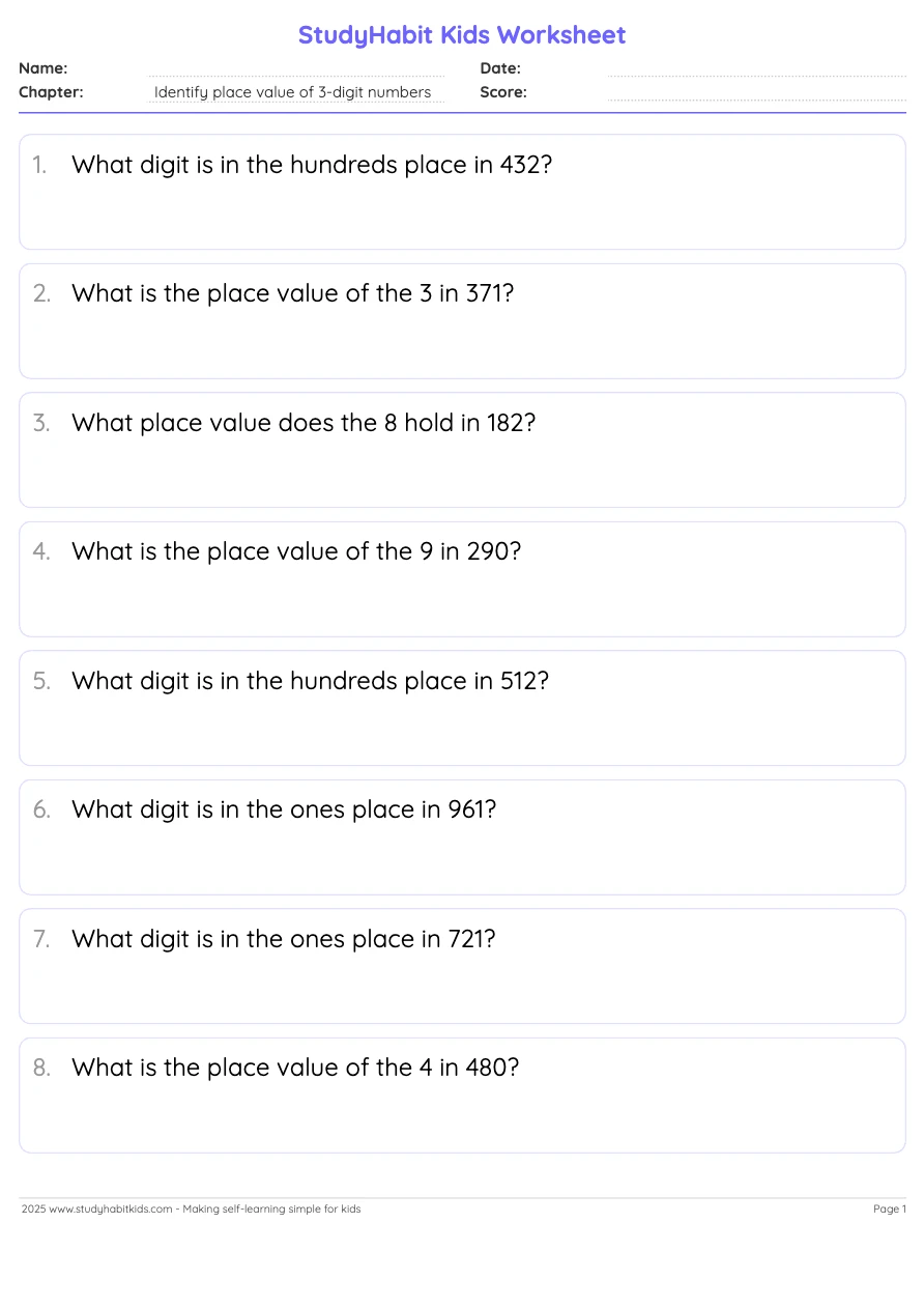 Second Grade Place Value Identify place value of 3-digit numbers ...