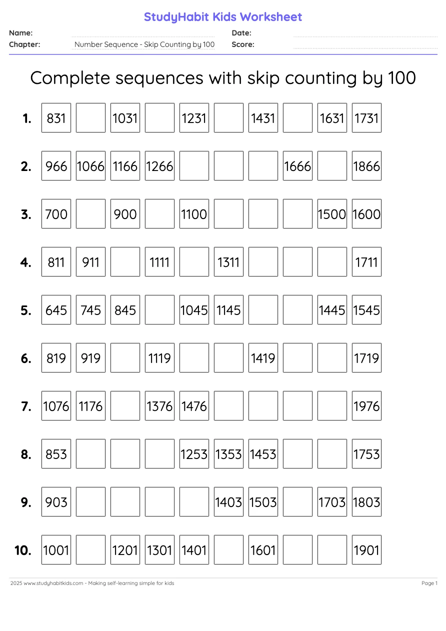 Second Grade Skip Counting Complete sequences with skip counting by 100 worksheet preview - Free ...