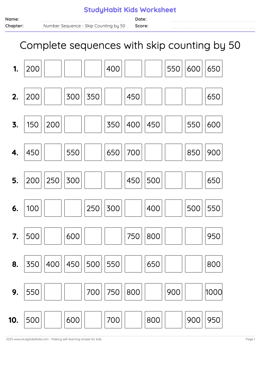 Second Grade Skip Counting Complete sequences with skip counting by 50 ...