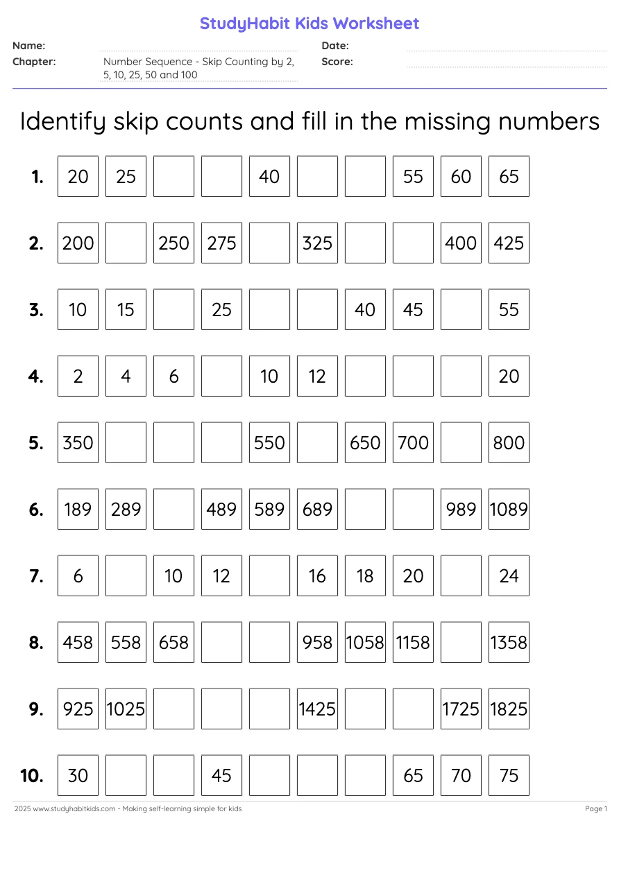Second Grade Skip Counting Identify skip counts and fill in the missing ...
