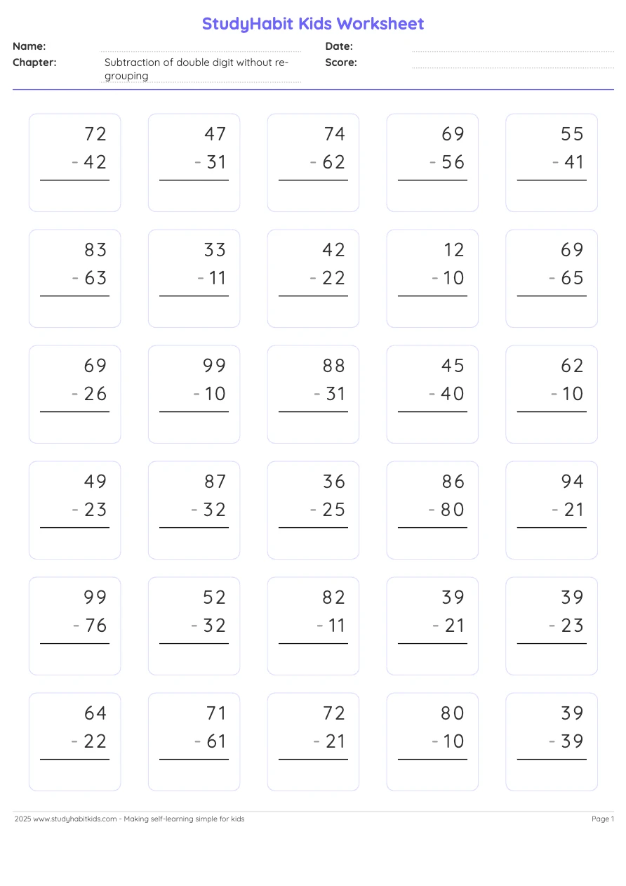Second Grade Subtraction Subtraction of double digit without regrouping ...