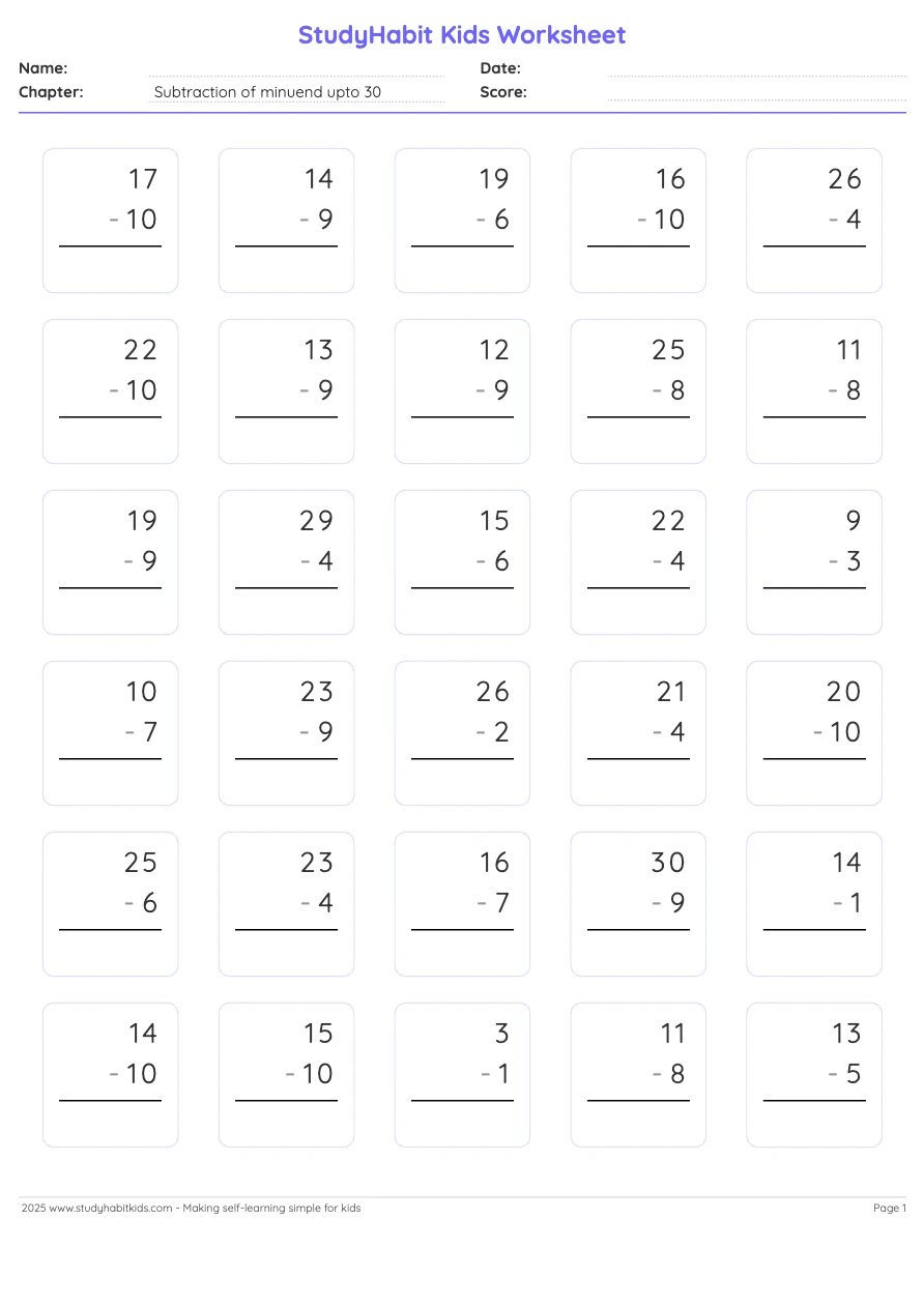 Second Grade Subtraction Subtraction of minuend upto 30 worksheet ...