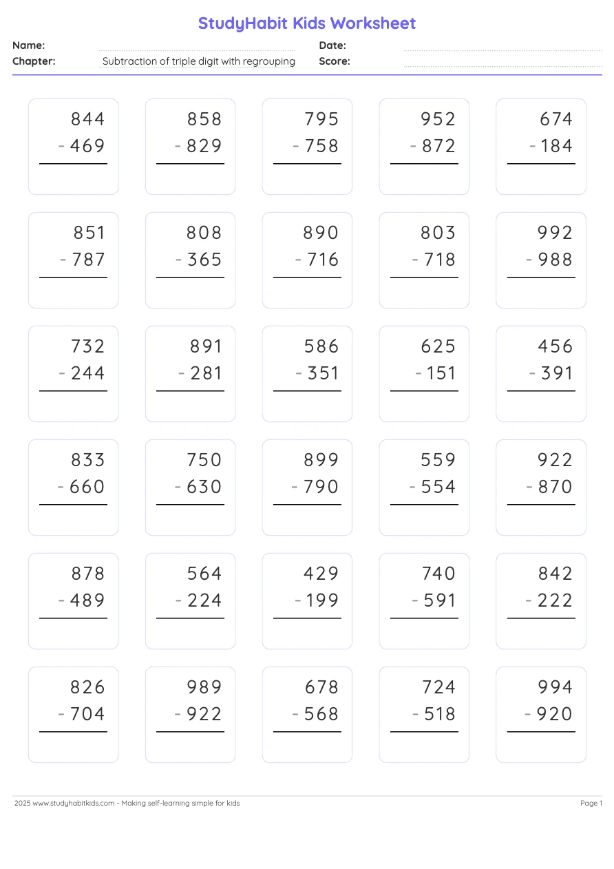 Second Grade Subtraction Subtraction of triple digit with regrouping ...