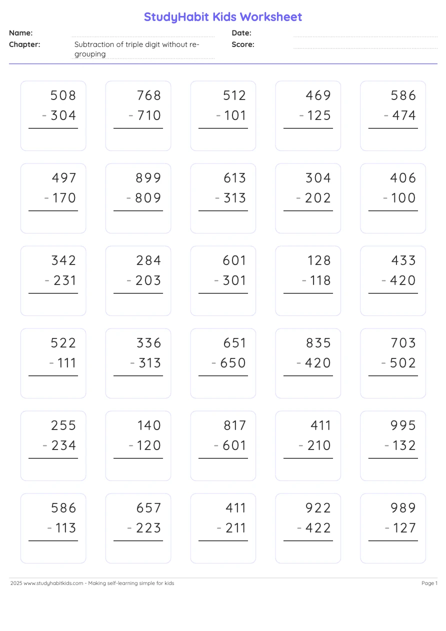 Second Grade Subtraction Subtraction of triple digit without regrouping ...