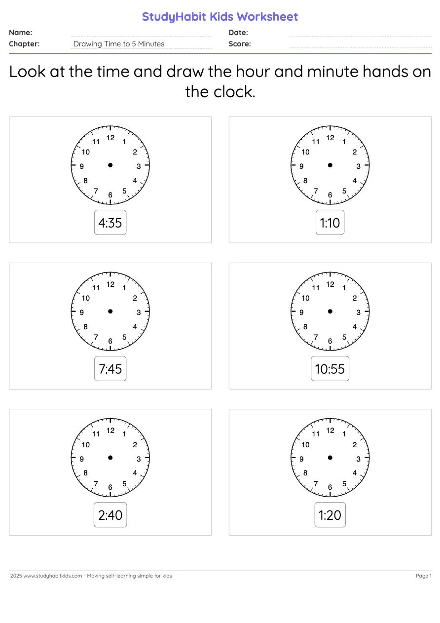 Second Grade Time Draw clock hands to represent time to 5-minute ...