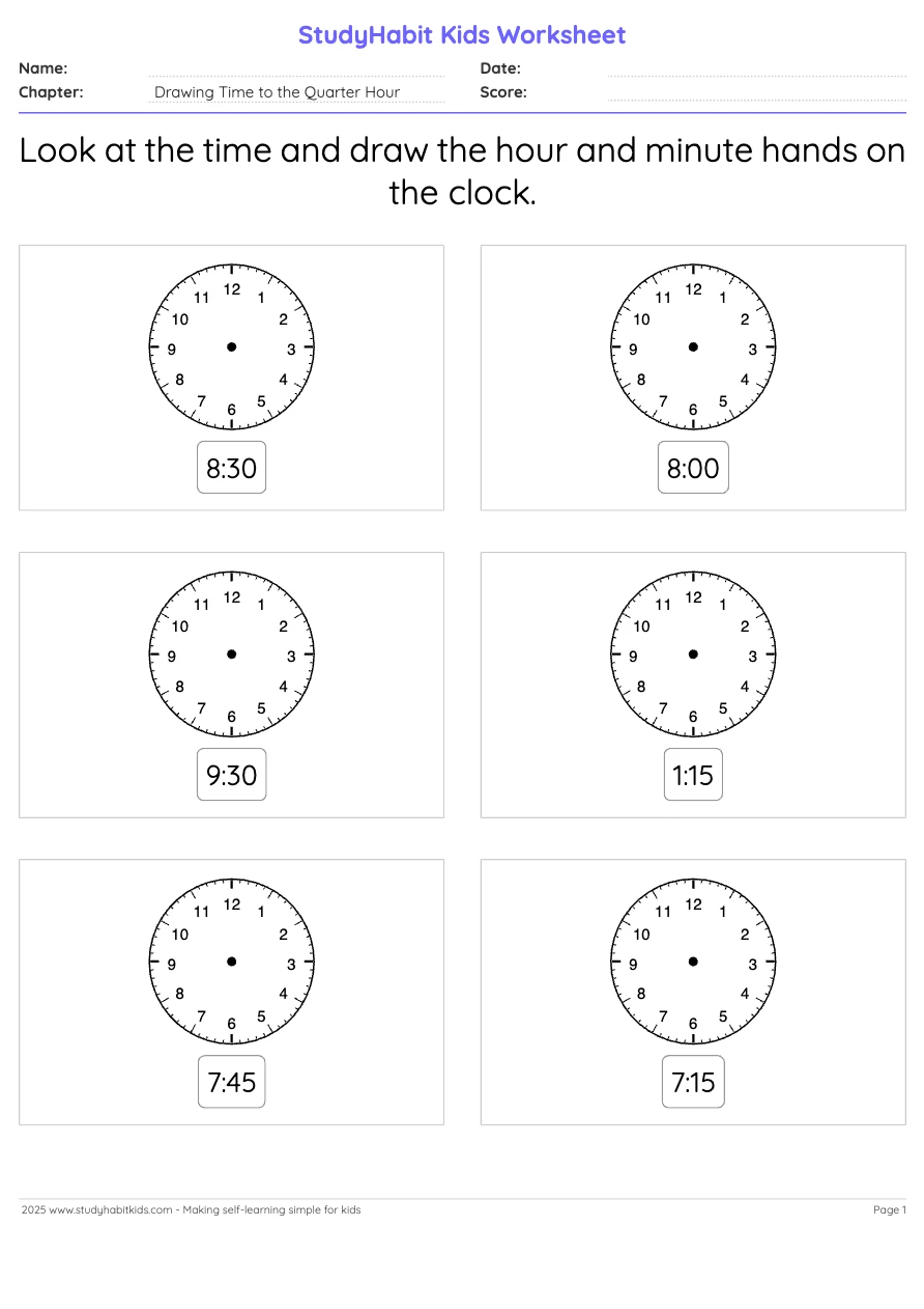Second Grade Time Draw clock hands to represent time to the quarter ...