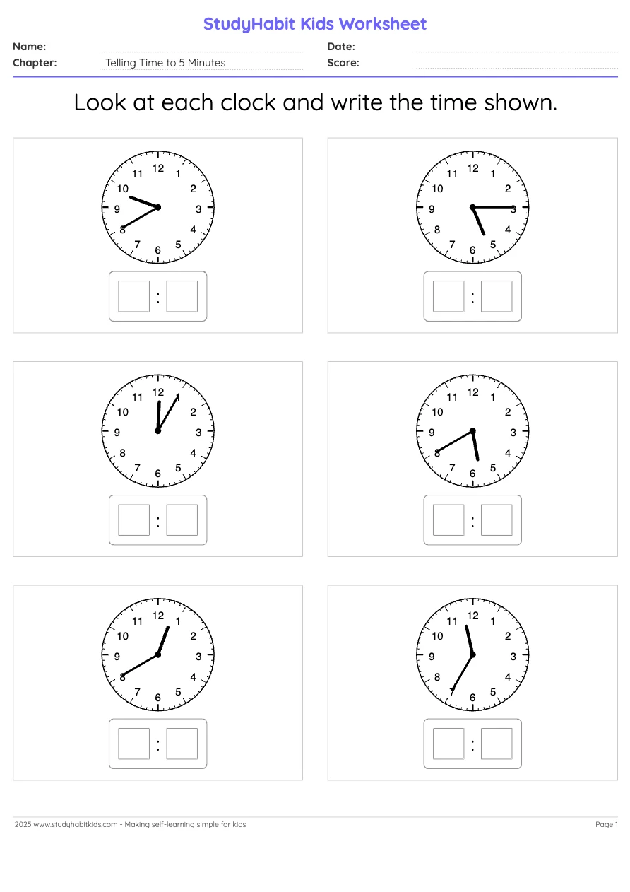Second Grade Time Identify time to 5-minute intervals using a wall ...