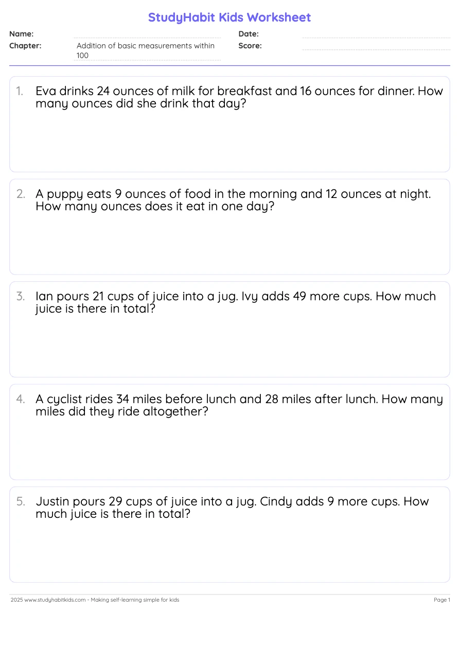 Second Grade Word Problems Addition of basic measurements within 100 ...
