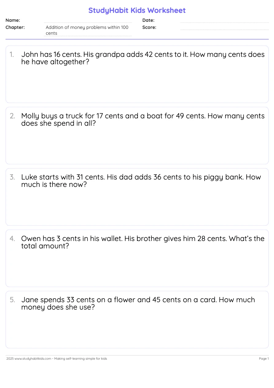 Second Grade Word Problems Addition of money problems within 100 cents ...