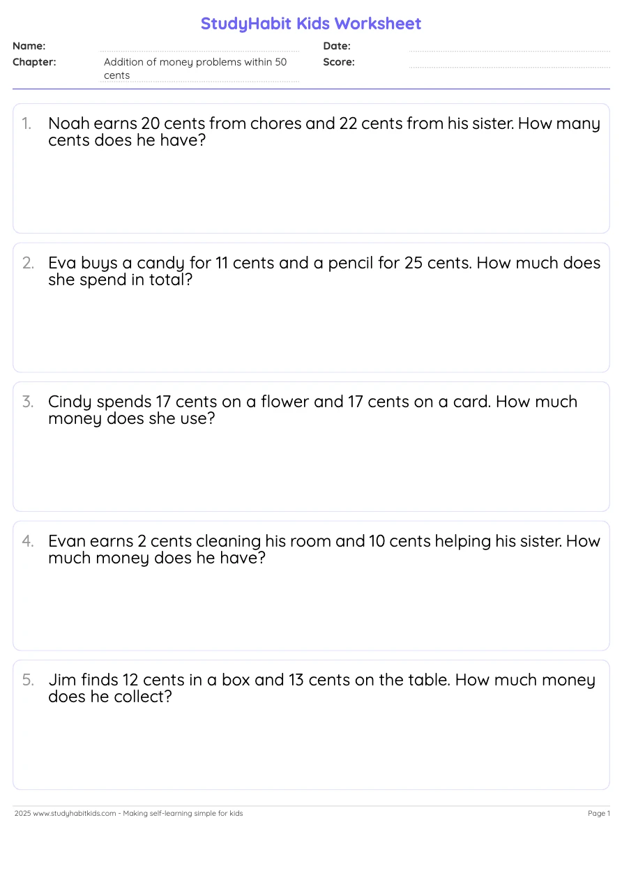 Second Grade Word Problems Addition of money problems within 50 cents ...