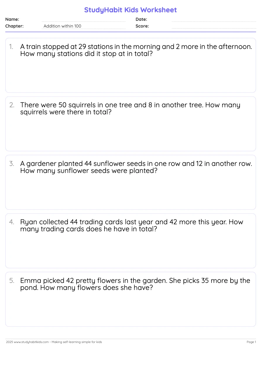 Second Grade Word Problems Addition within 100 worksheet preview - Free ...