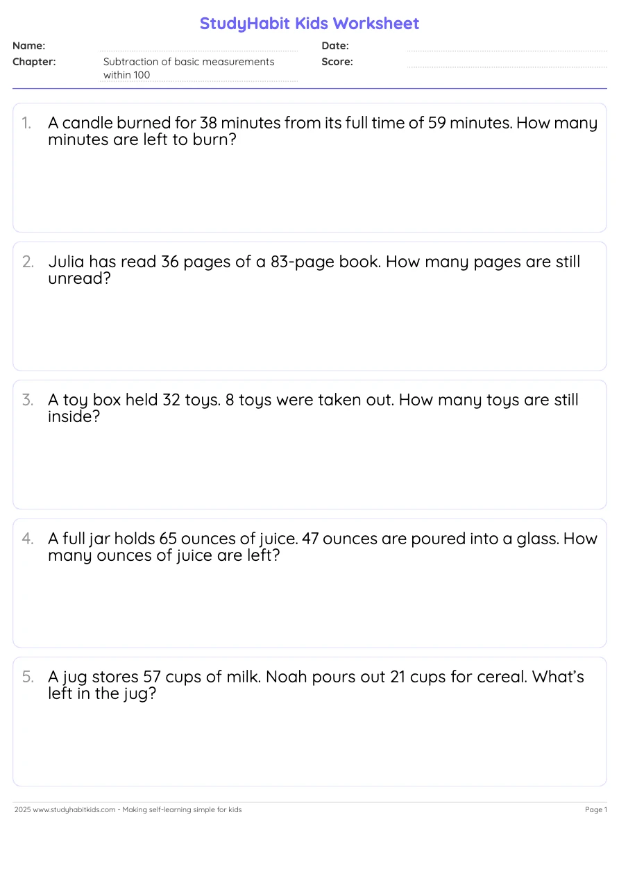Second Grade Word Problems Subtraction of basic measurements within 100 ...