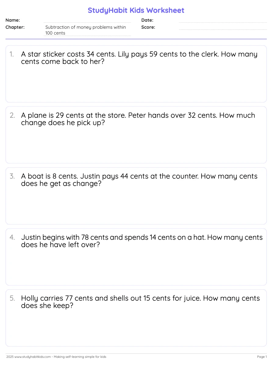 Second Grade Word Problems Subtraction of money problems within 100 ...