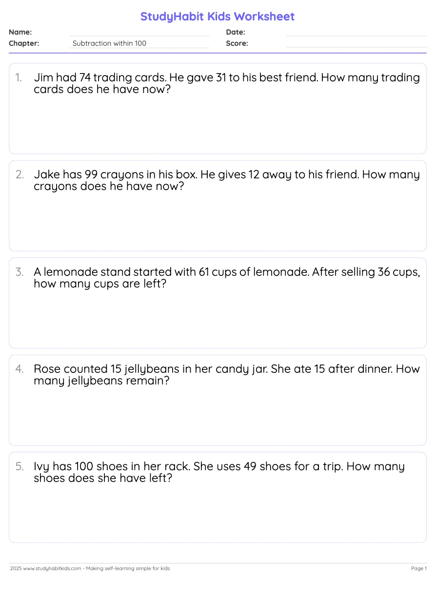 Second Grade Word Problems Subtraction within 100 worksheet preview ...