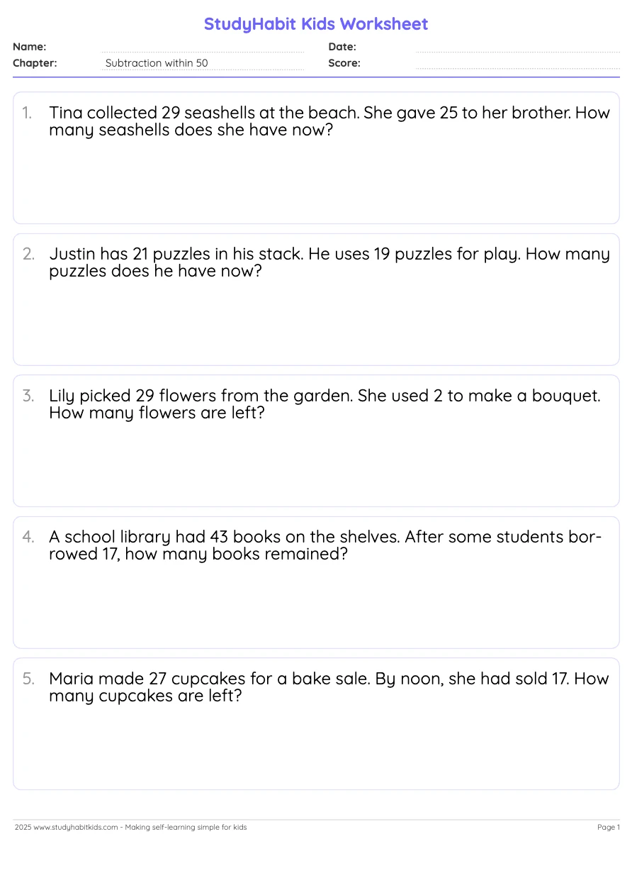 Second Grade Word Problems Subtraction within 50 worksheet preview ...