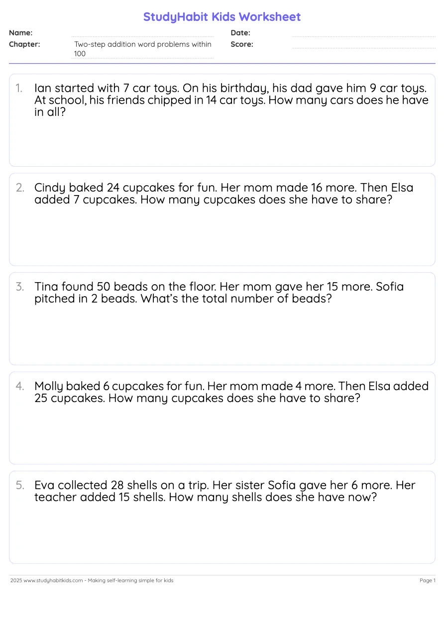 Second Grade Word Problems Two-step addition word problems within 100 ...