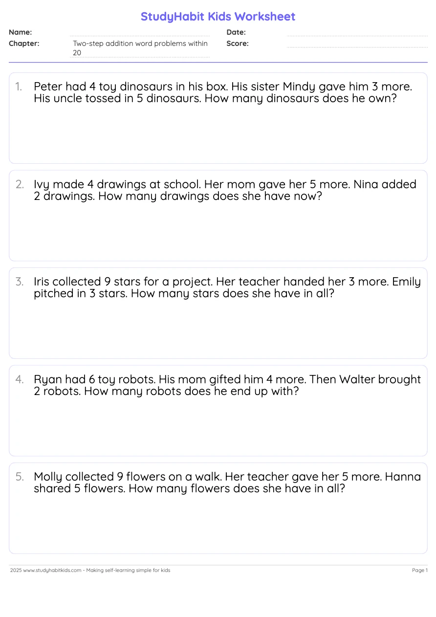 Second Grade Word Problems Two-step addition word problems within 20 ...