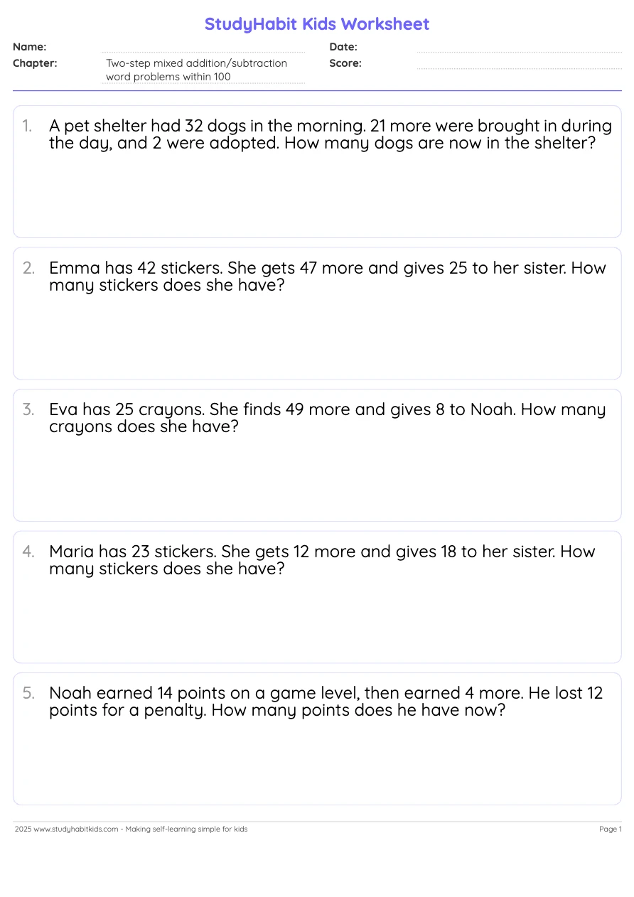 Second Grade Word Problems Two-step mixed addition/subtraction word ...