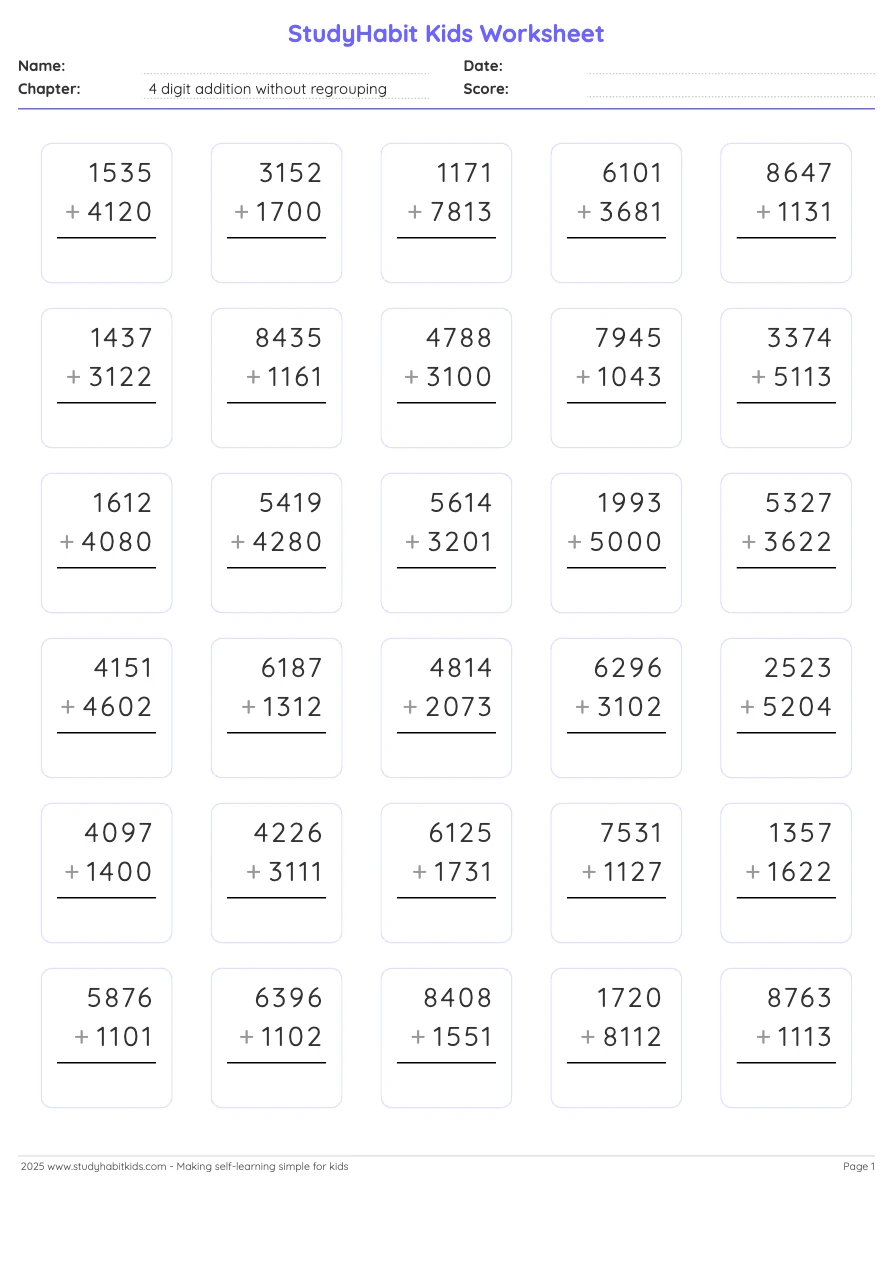 Third Grade Addition 4 digit addition without regrouping worksheet ...