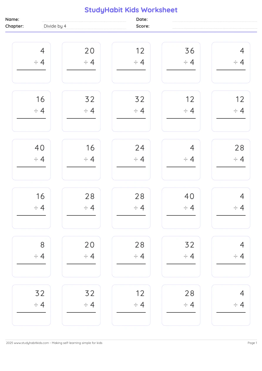 Third Grade Division Divide by 4 worksheet preview - Free printable ...