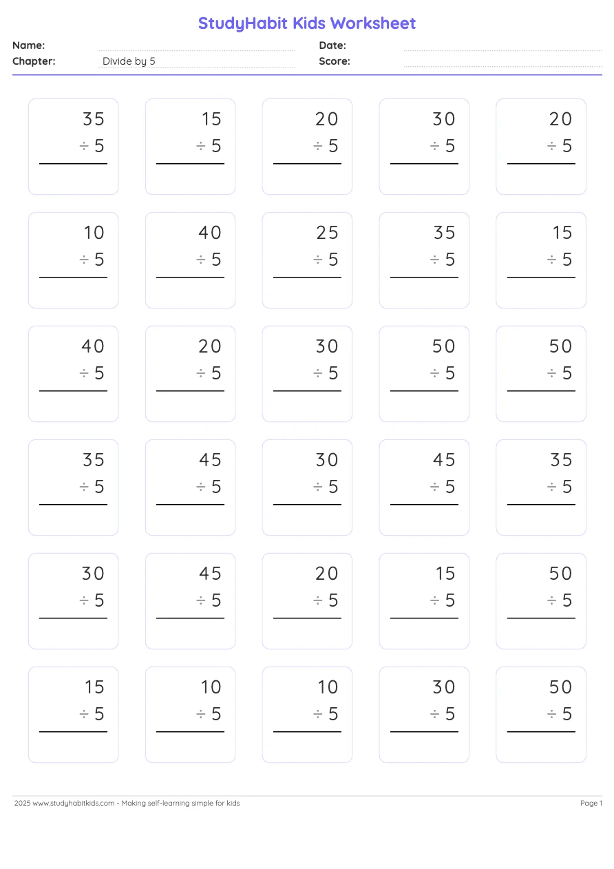 Third Grade Division Divide by 5 worksheet preview - Free printable ...