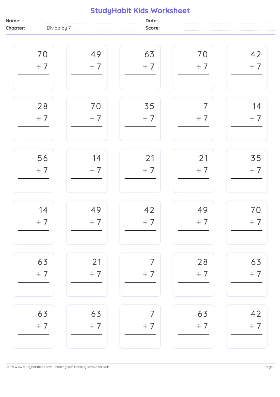 Third Grade Division Divide by 7 worksheet preview - Free printable ...