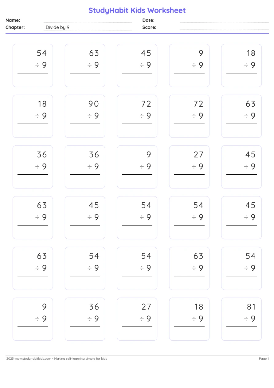 Third Grade Division Divide by 9 worksheet preview - Free printable ...