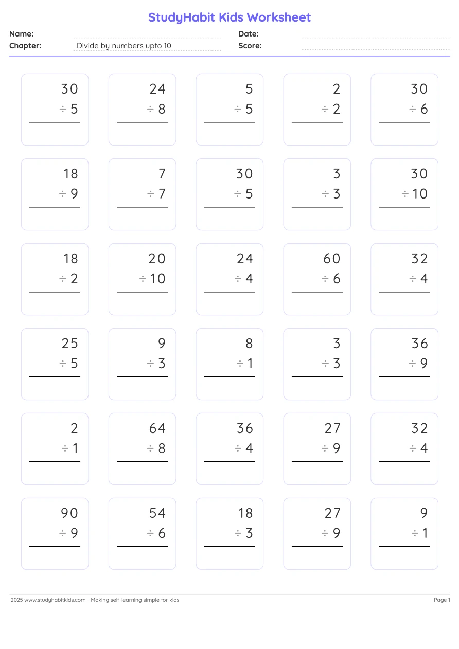 Third Grade Division Divide by numbers upto 10 worksheet preview - Free ...