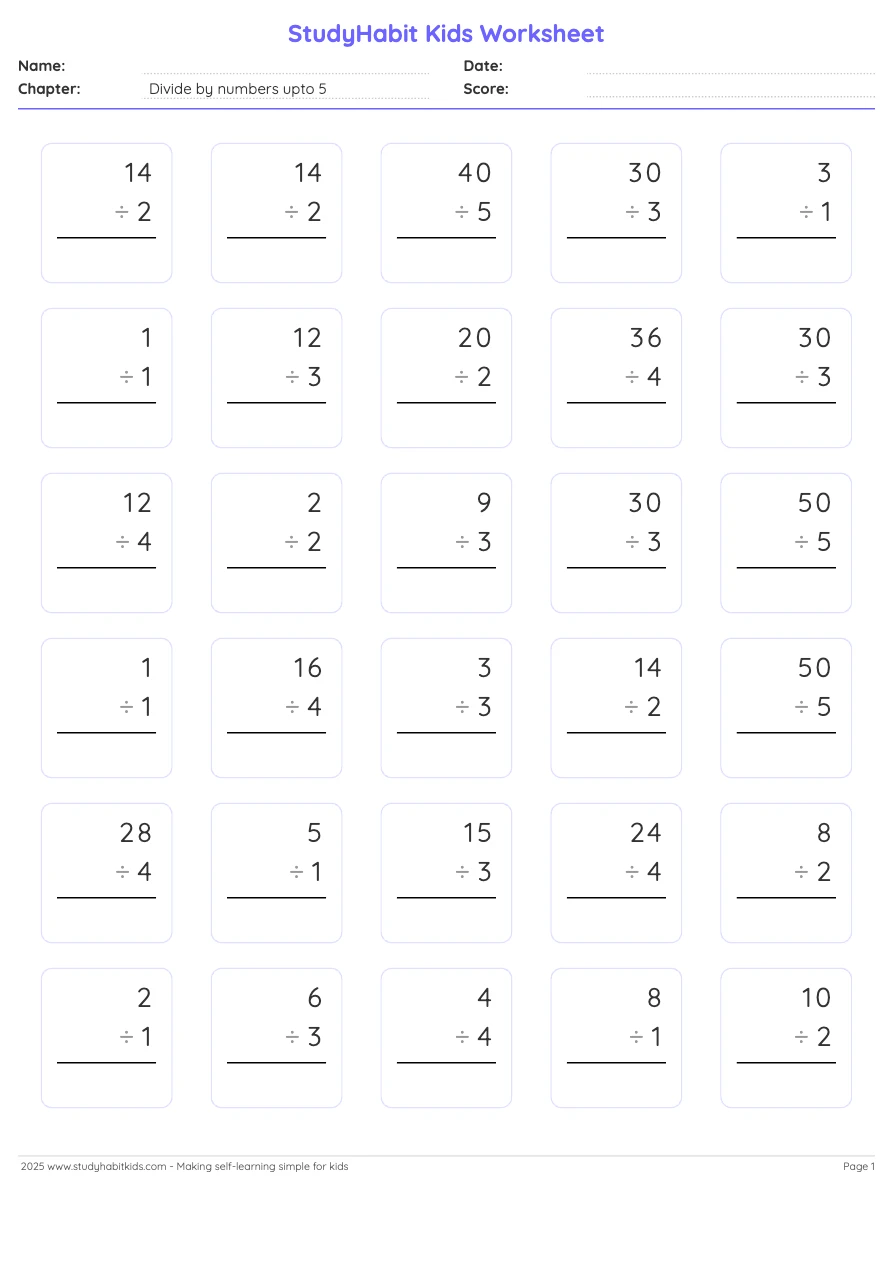 Third Grade Division Divide by numbers upto 5 worksheet preview - Free ...