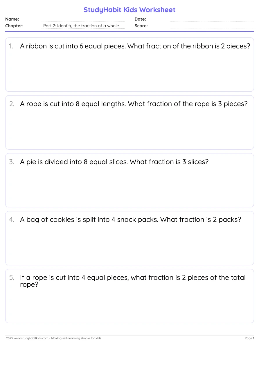 Third Grade Fractions Identify the fraction of a whole worksheet ...