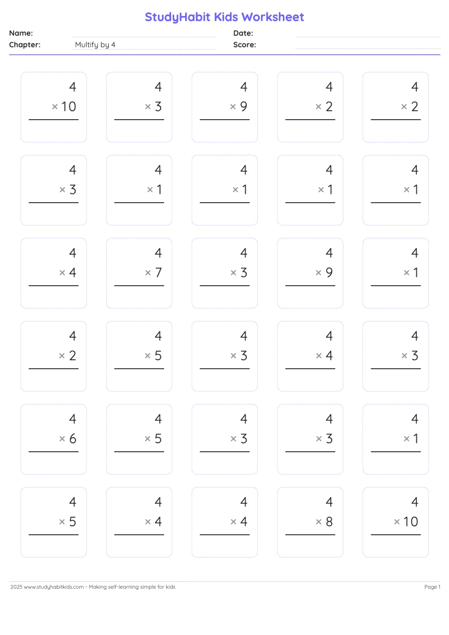Third Grade Multiplication Multify by 4 worksheet preview - Free ...