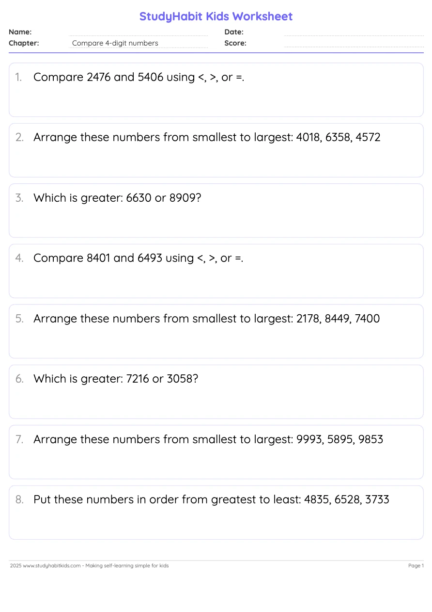 Third Grade Place Value Compare 4-digit numbers worksheet preview ...