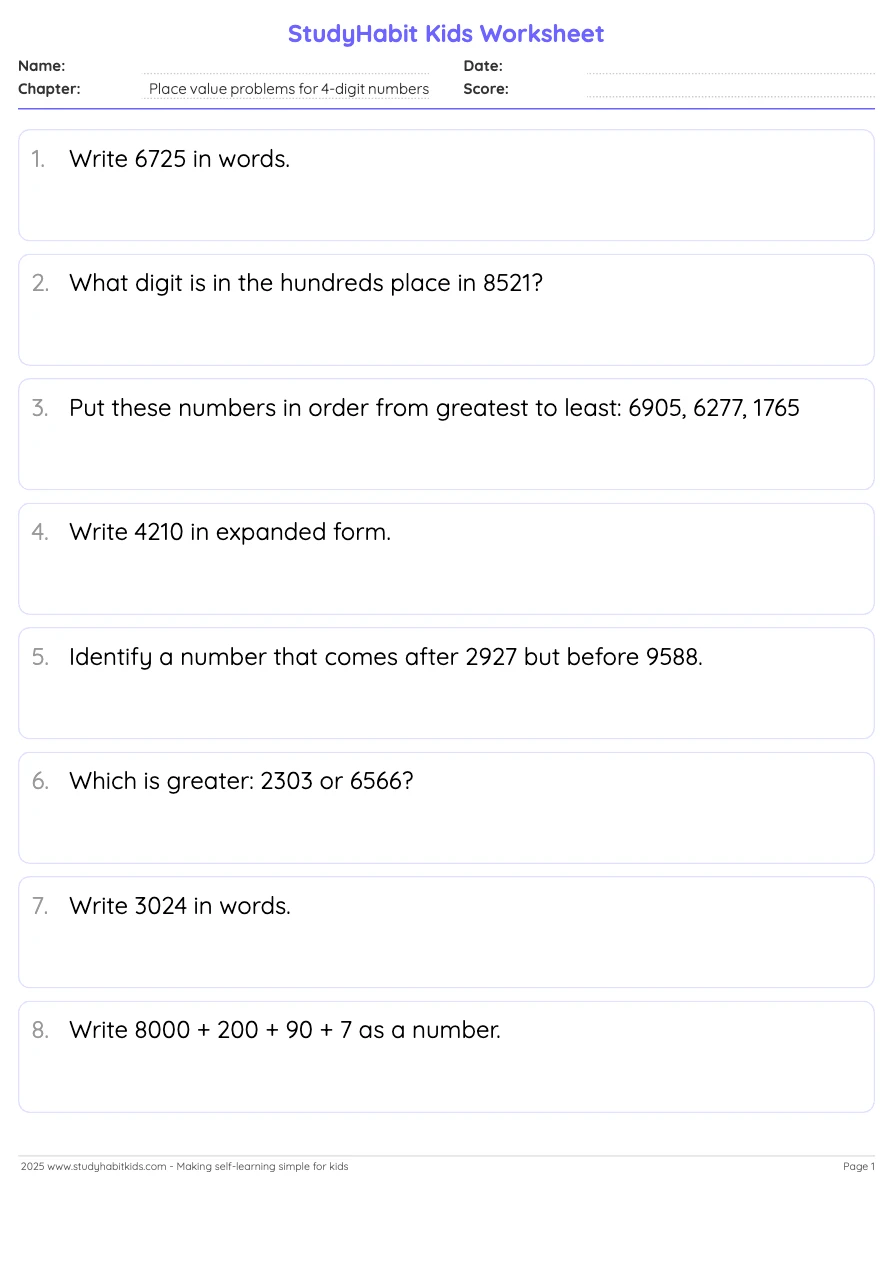 Third Grade Place Value Place value problems for 4-digit numbers ...