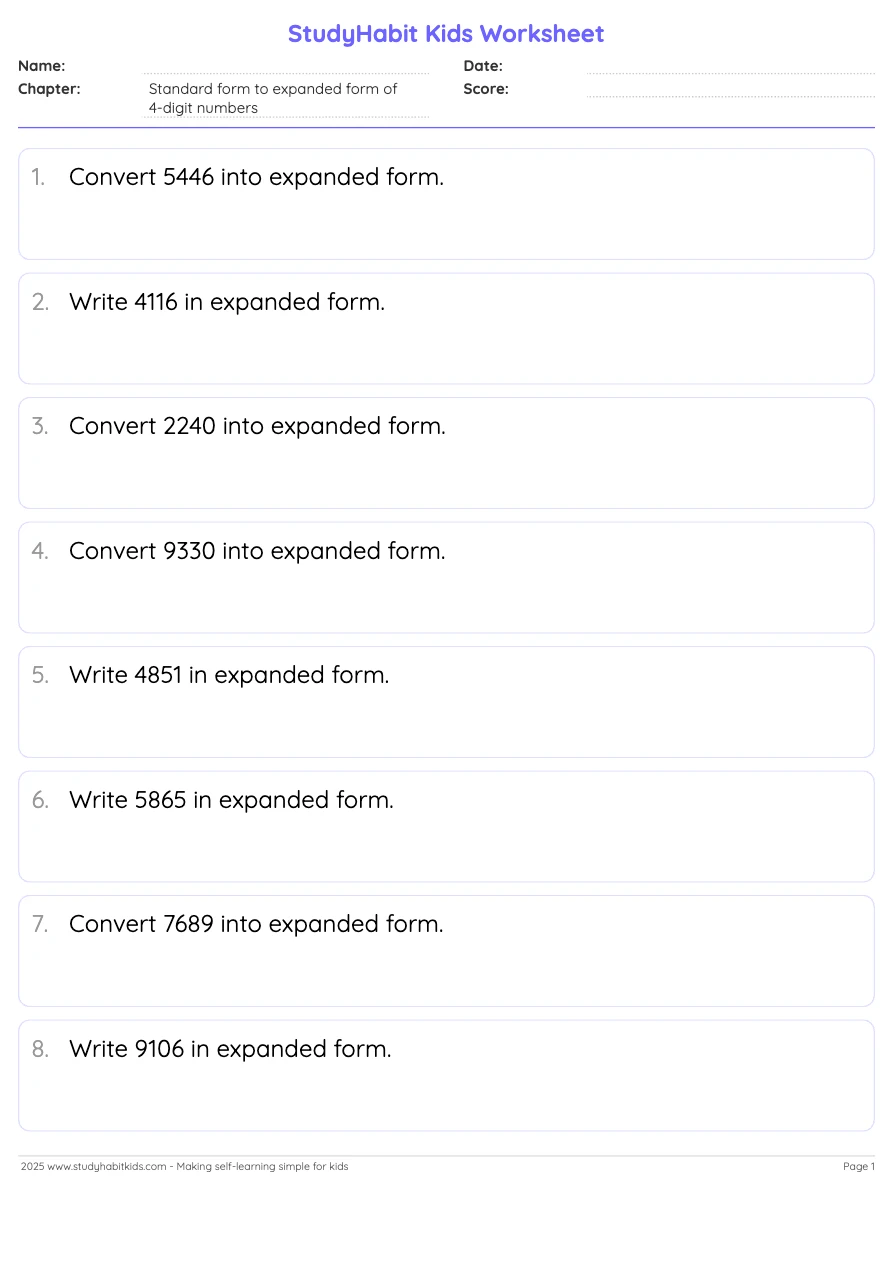 Third Grade Place Value Standard form to expanded form of 4-digit ...
