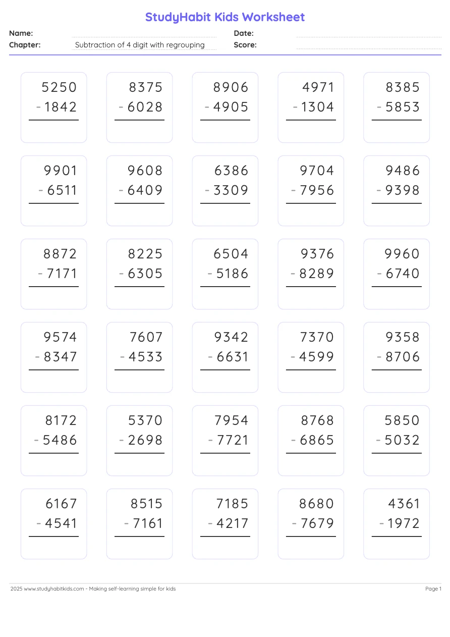 Third Grade Subtraction Subtraction of 4 digit with regrouping ...
