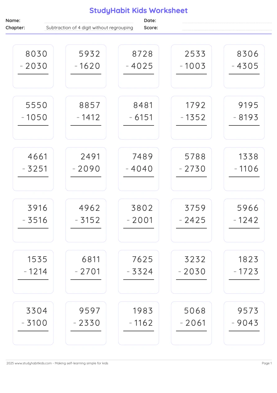 Third Grade Subtraction Subtraction of 4 digit without regrouping worksheet preview - Free ...