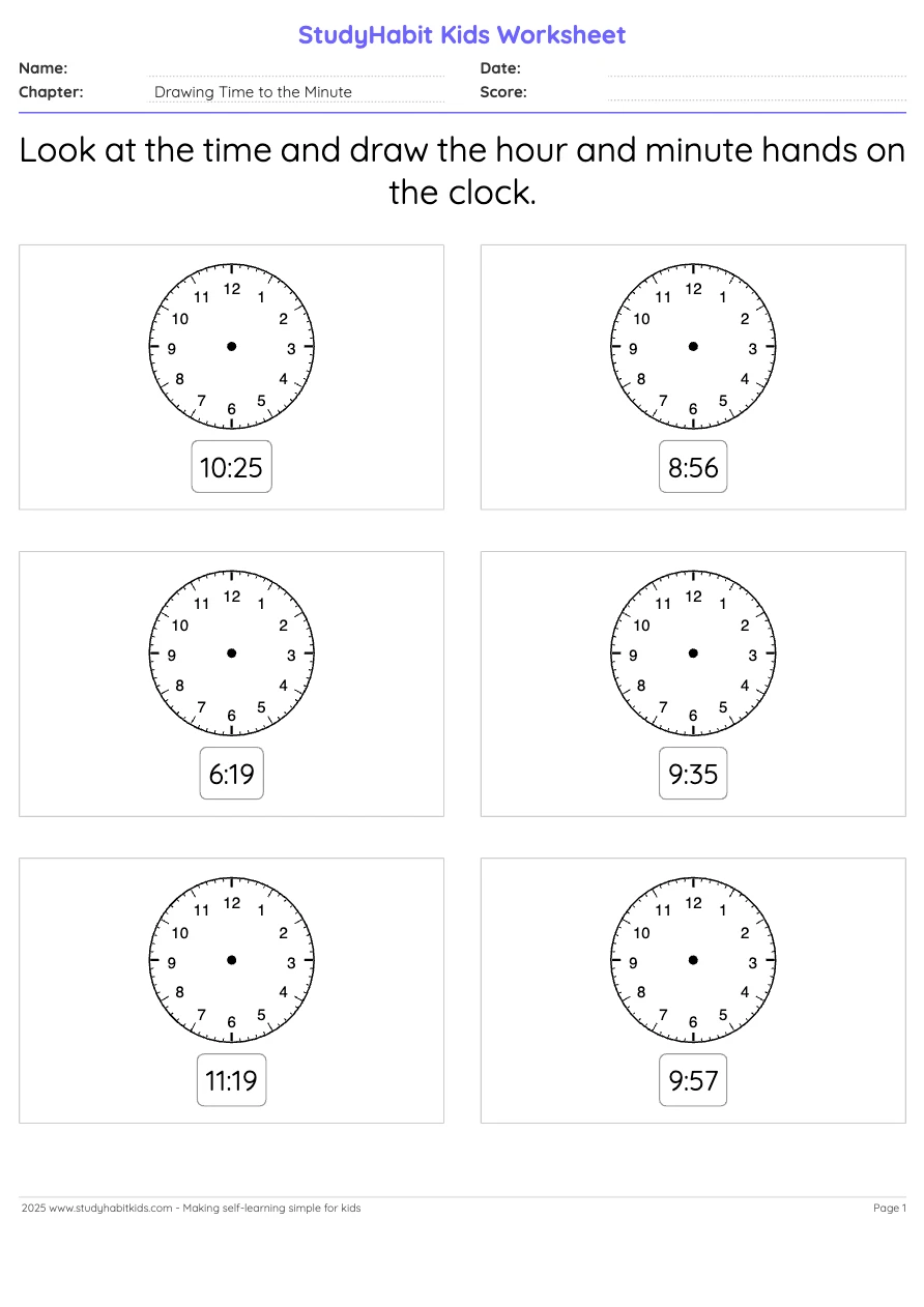 Third Grade Time Draw clock hands to represent time to the minute ...