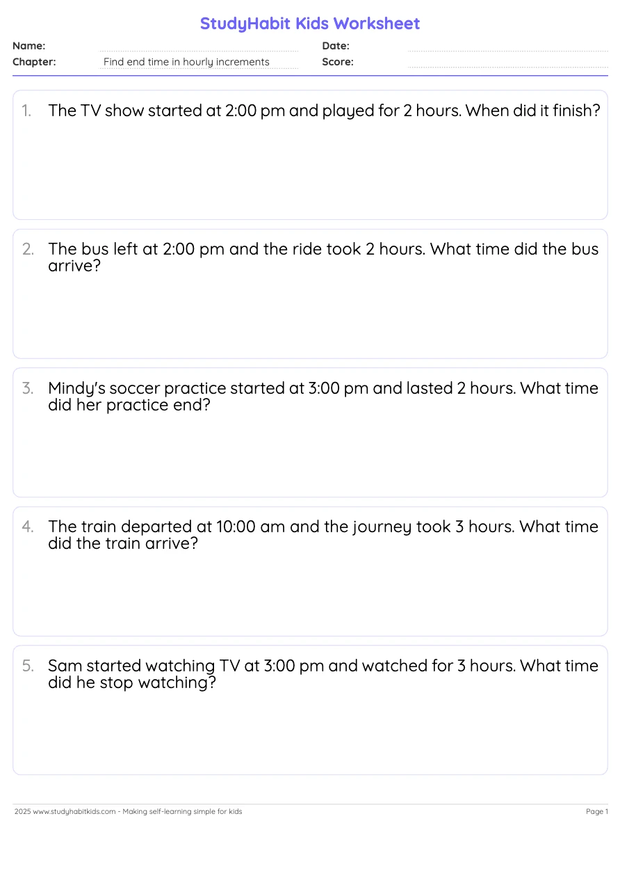 Third Grade Time End time in hours worksheet preview - Free printable ...