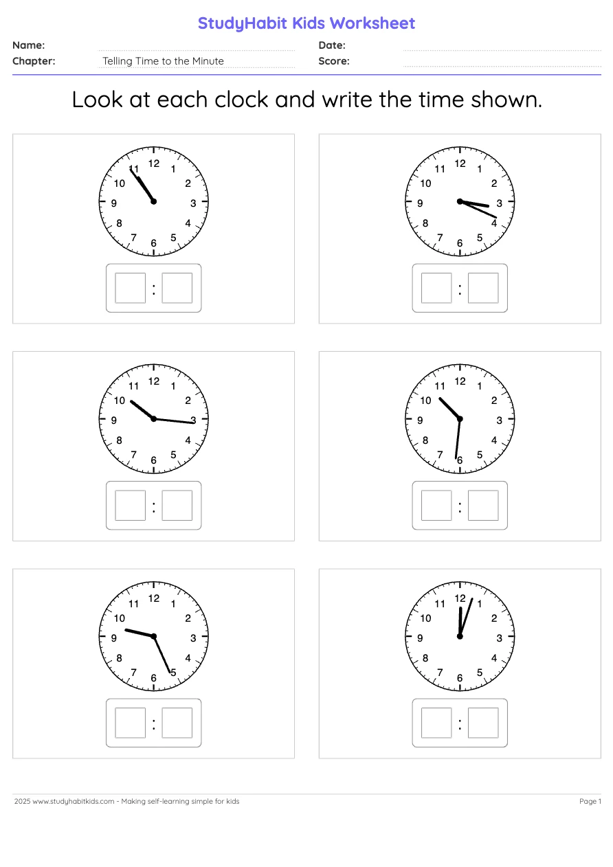 Third Grade Time Identify time to the minute using a wall clock ...