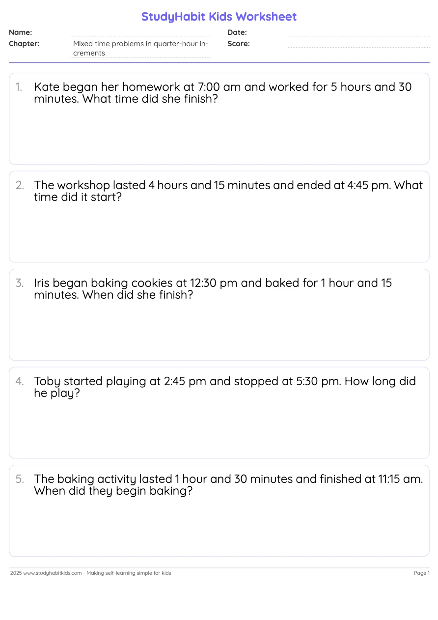 Third Grade Time Mixed time problems in quarter-hour increments ...