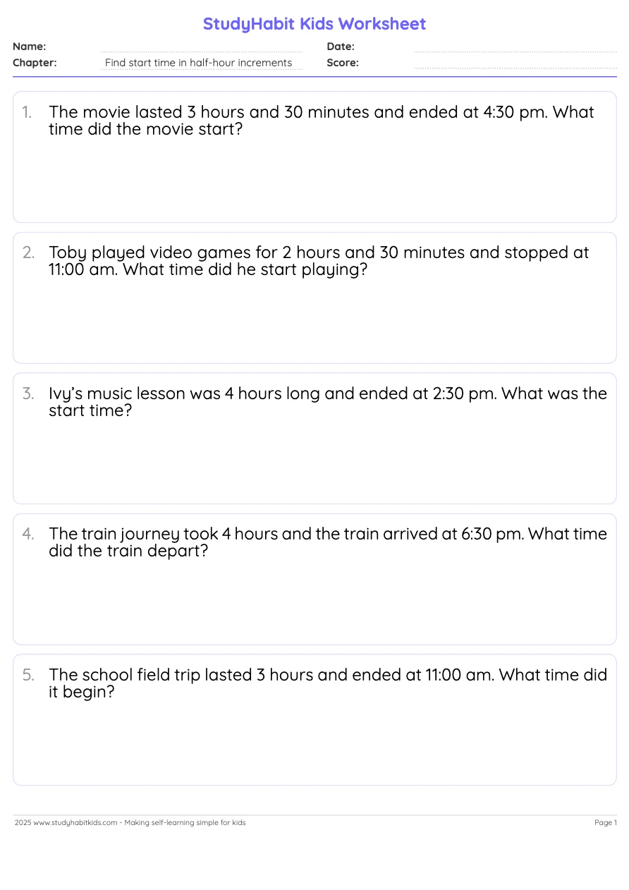 Third Grade Time Start time in half-hours worksheet preview - Free ...