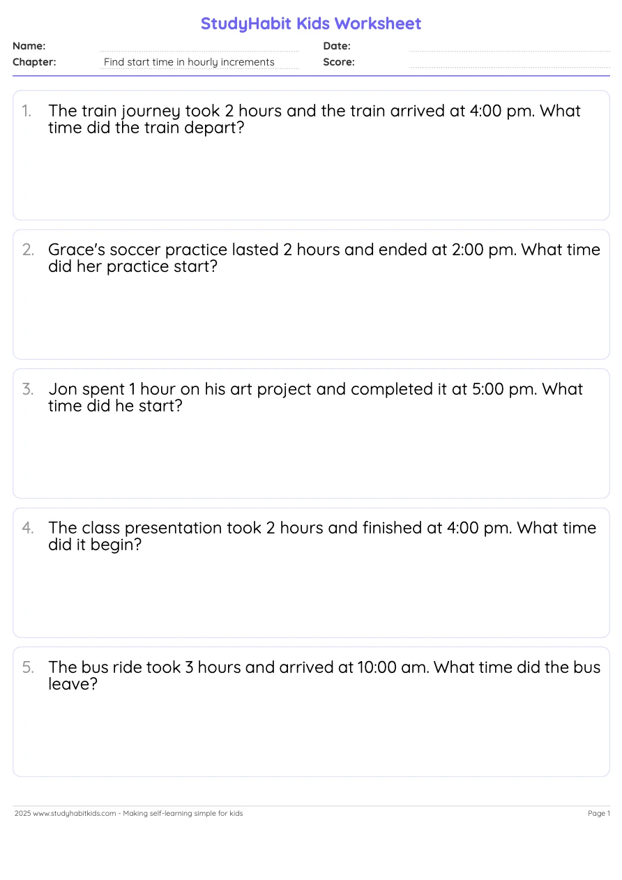 Third Grade Time Start time in hours worksheet preview - Free printable ...