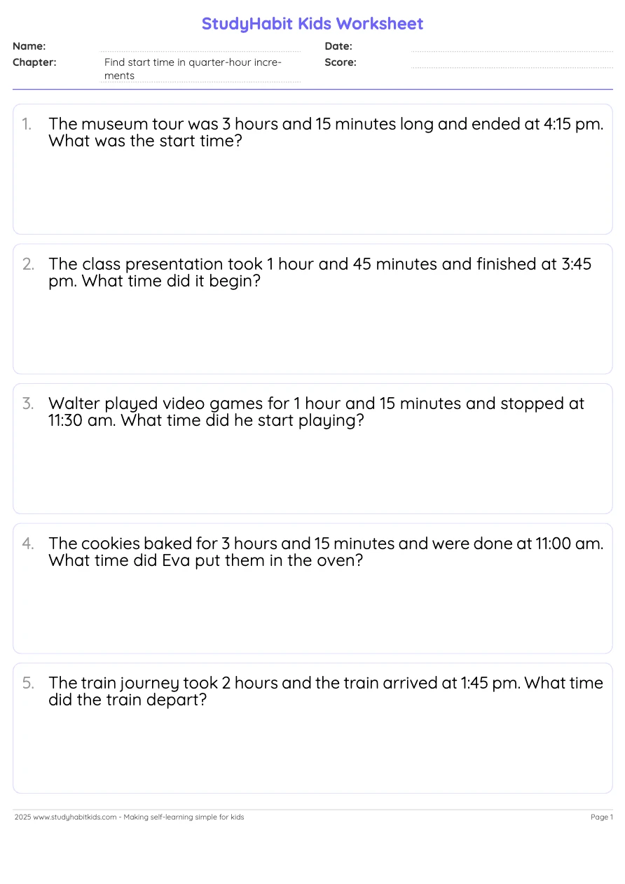 Third Grade Time Start time in quarter-hours worksheet preview - Free ...