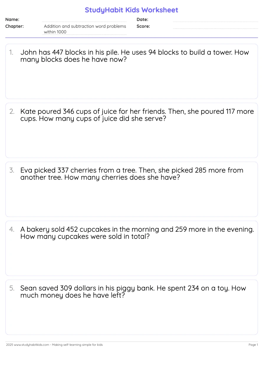 Third Grade Word Problems Addition and subtraction word problems within ...