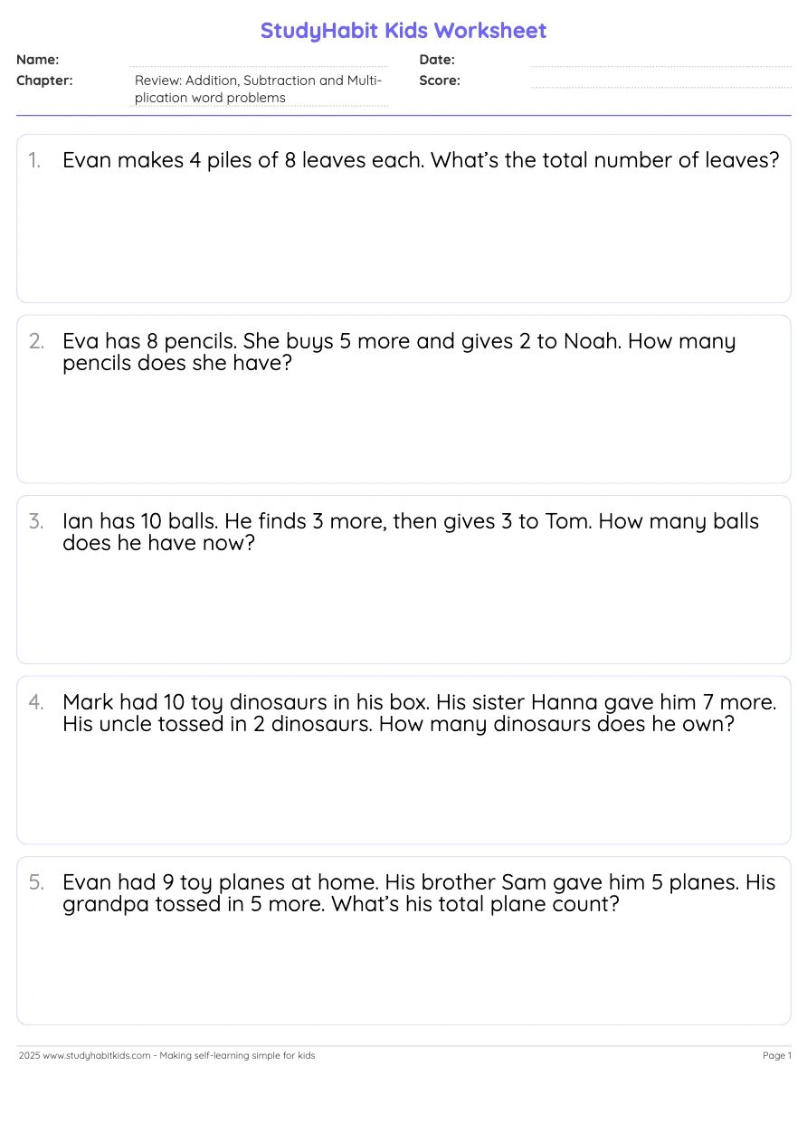 Third Grade Word Problems Addition, Subtraction and Multiplication word ...