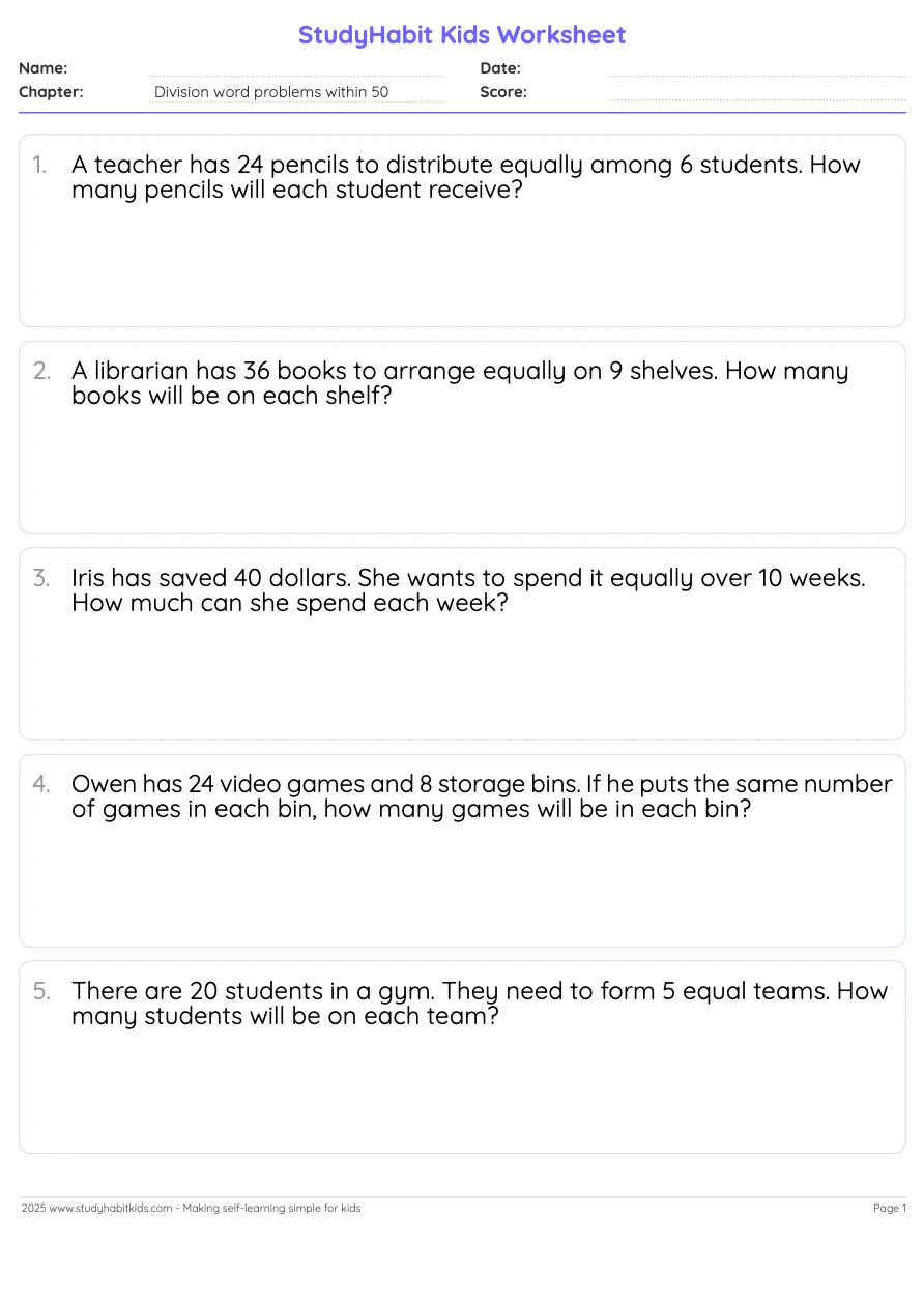 Third Grade Word Problems Division word problems within 50 worksheet ...